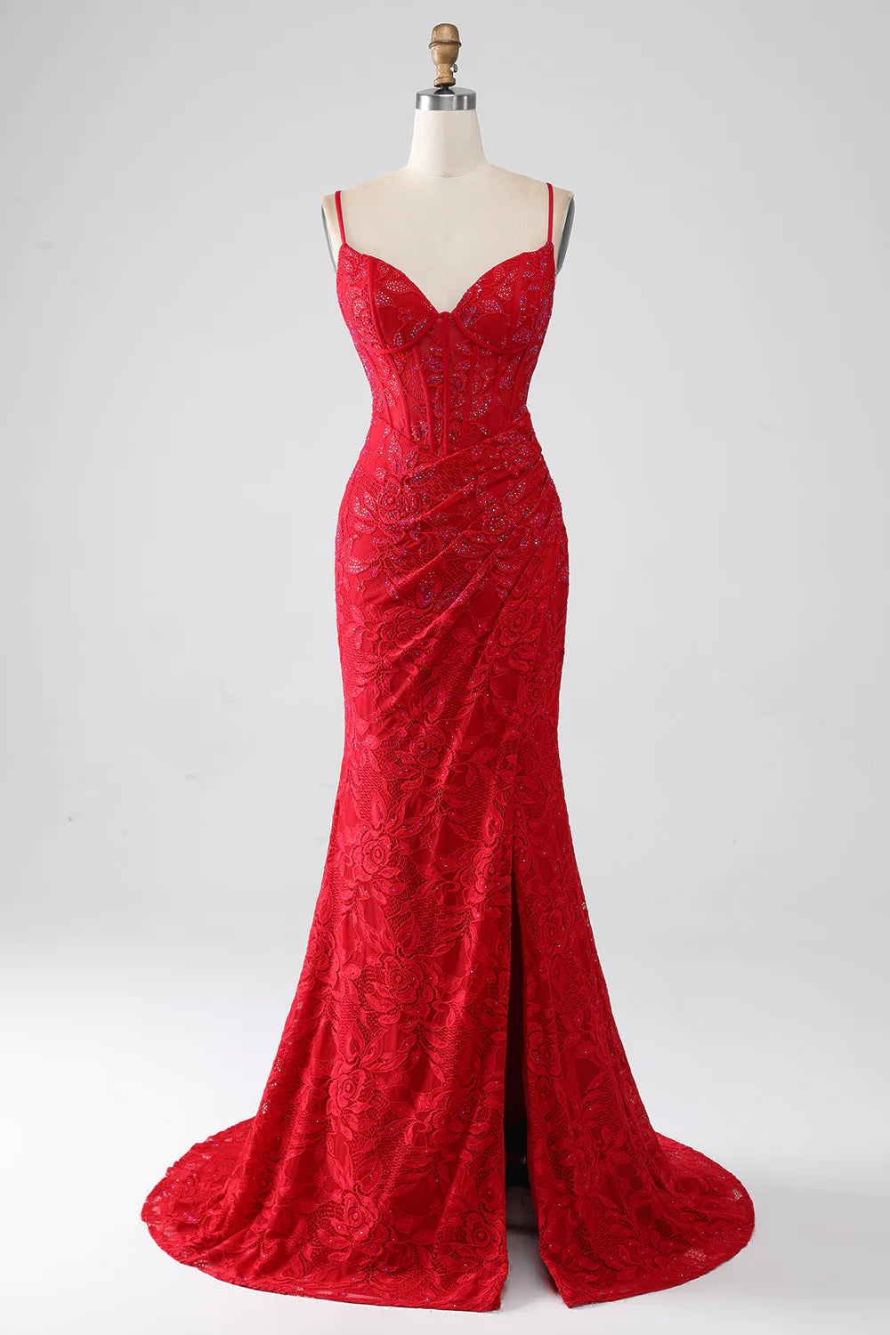 Red Mermaid Spaghetti Straps Beaded Lace Applique Prom Dress With Slit ... Red Mermaid Spaghetti Straps Beaded Lace Applique Prom Dress With Slit ...