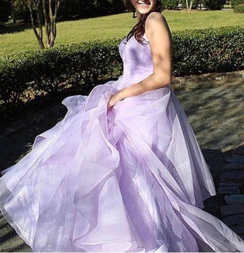 Lilac Deep V-Neck Backless Long Prom Dresses With Criss-Cross Straps ...