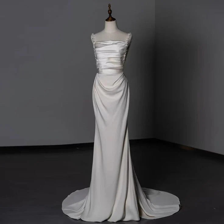 Sheath Long Satin White Wedding Dresses With Beads – DingJi WeddingDress