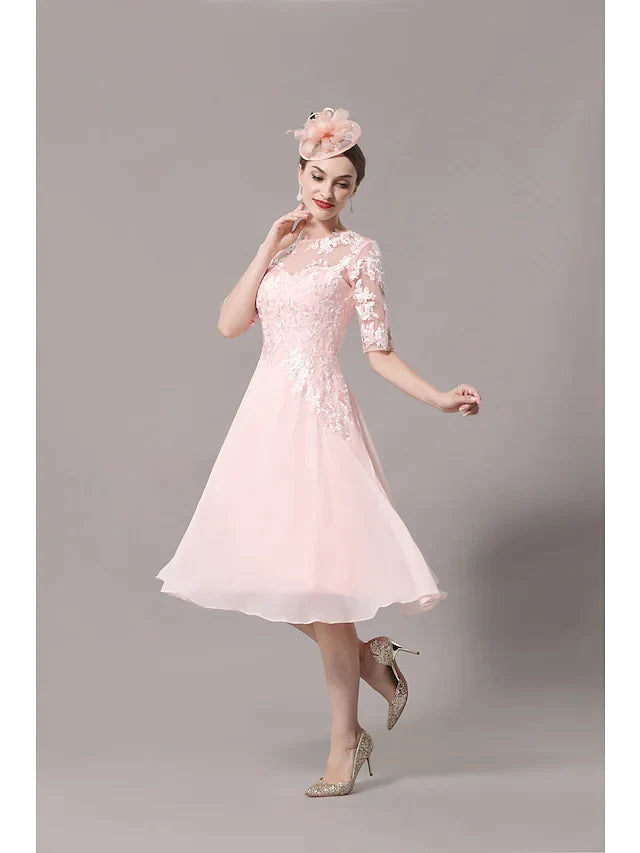 A-Line Mother of the Bride Dress Elegant Illusion Neck Knee Length Lac ...