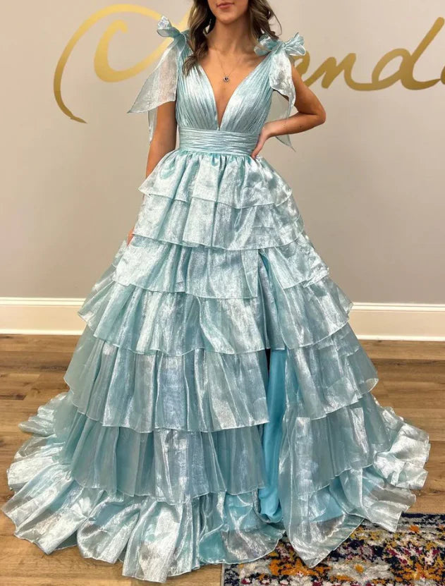 V-neck Open Back Ball Gown Long Prom Dress with Ruffle Skirt – DingJi ...