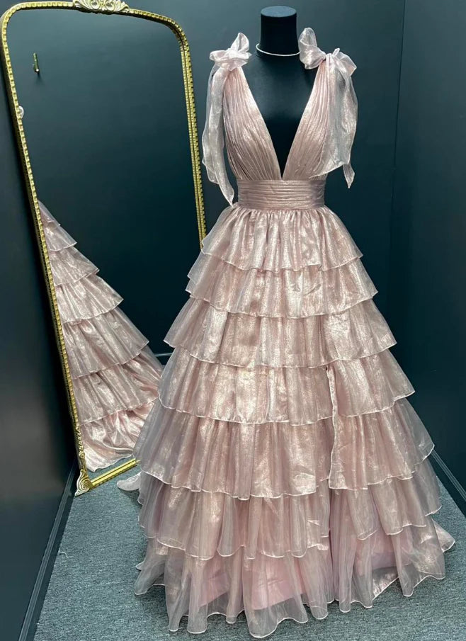V-neck Open Back Ball Gown Long Prom Dress with Ruffle Skirt – DingJi ...
