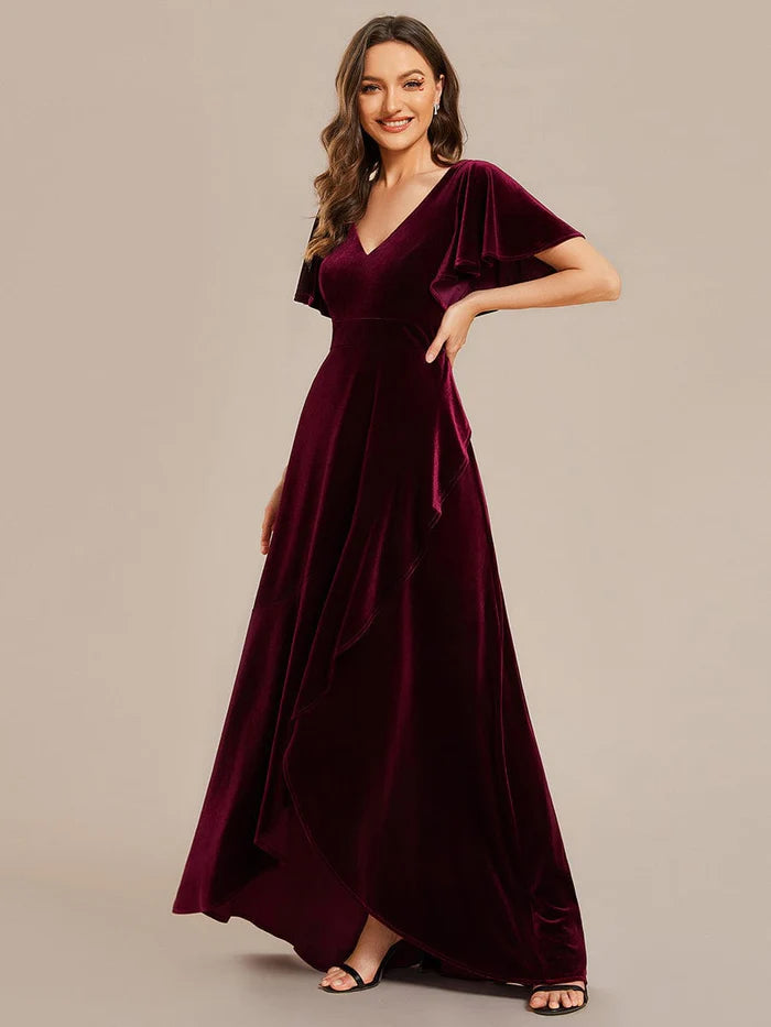 Double V Neck Short Sleeves Stretchy Velvet Evening Dress With Lotus L