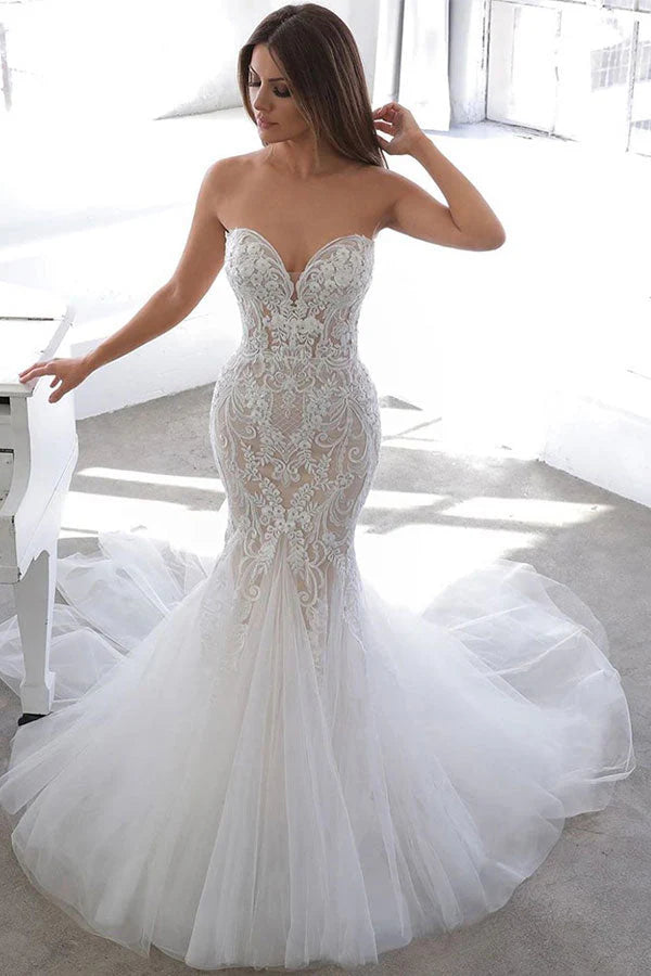 Ivory Lace Mermaid Beach Wedding Dresses Sweetheart Rustic Boho Weddin ...