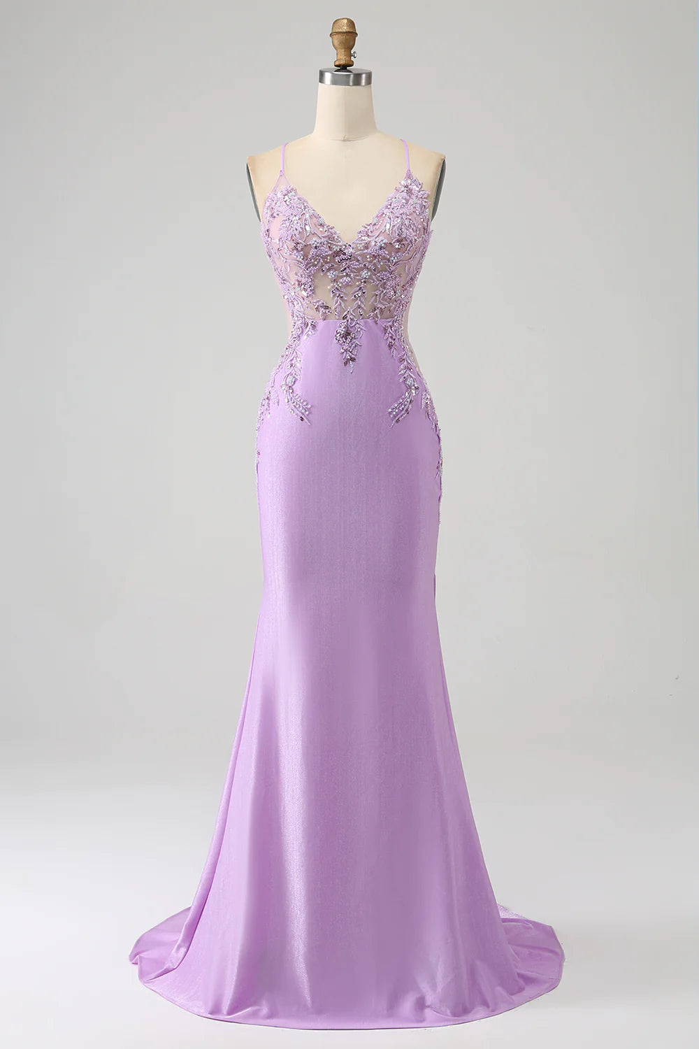 Trendy Mermaid Spaghetti Straps Lilac Long Prom Dress with Appliques B ...