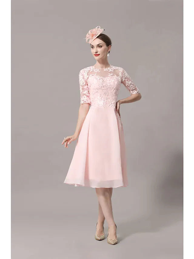 A-Line Mother of the Bride Dress Elegant Illusion Neck Knee Length Lac ...
