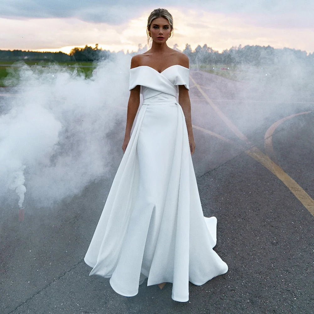 Simple Off the Shoulder Satin Sheath Ruched Wedding Dress With Detacha ...