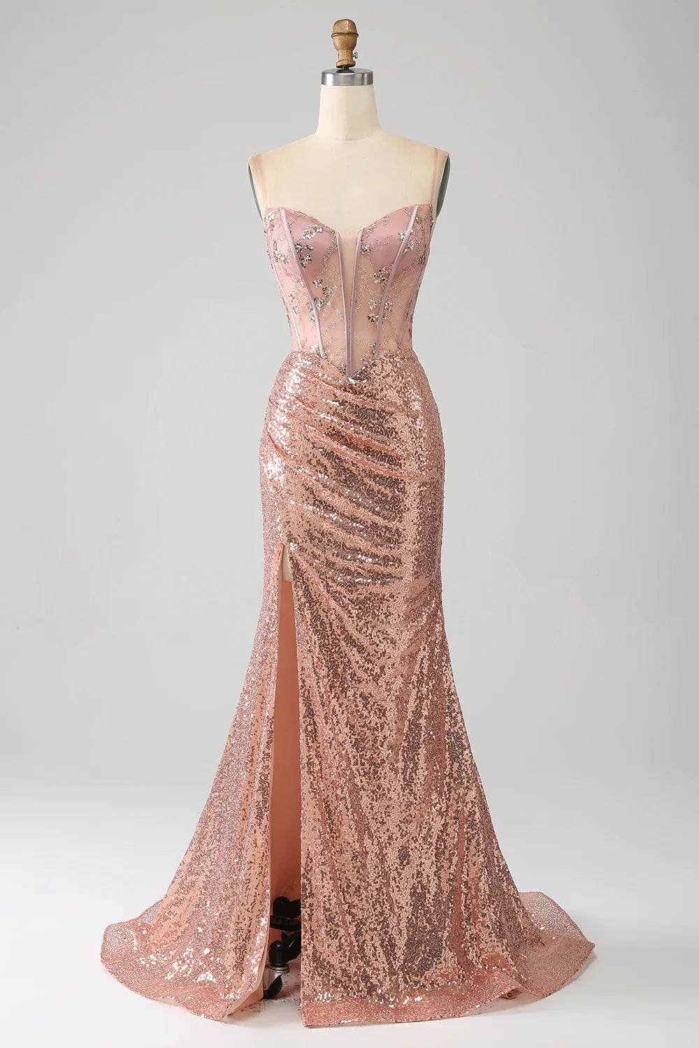 Rose Gold Mermaid Beaded Ruched Sequin Corset Prom Dress With Side Sli ...