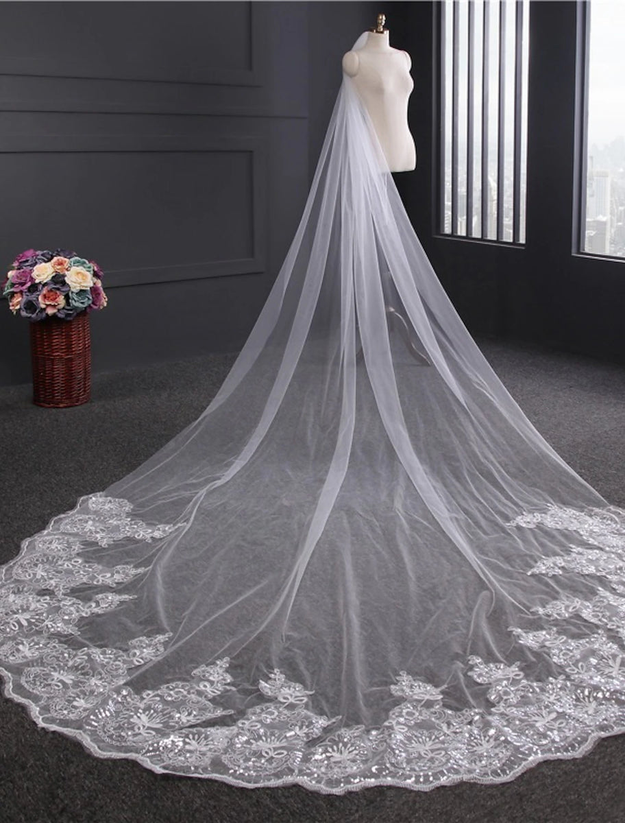 One-tier Cute Wedding Veil Cathedral Veils with Embroidery – DingJi ...