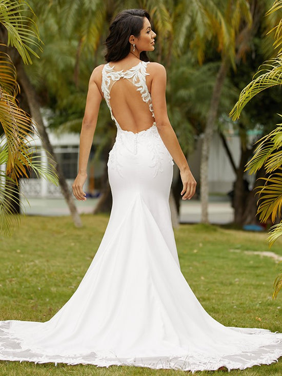 Sheath/Column Stretch Crepe Lace Scoop Sleeveless Sweep/Brush Train We ...