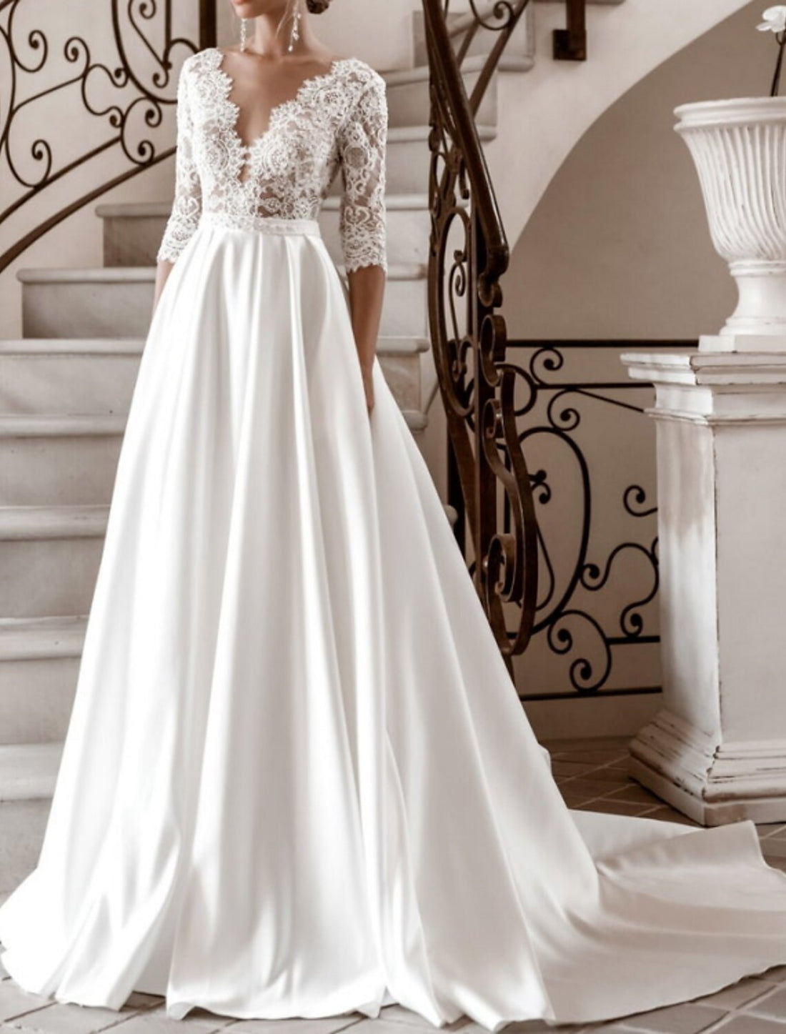 Engagement Formal Fall Wedding Dresses A-Line V Neck Half Sleeve Court ...