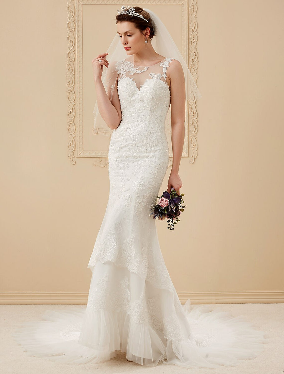 Hall Wedding Dresses Mermaid / Trumpet Scoop Neck Regular Straps Chape ...