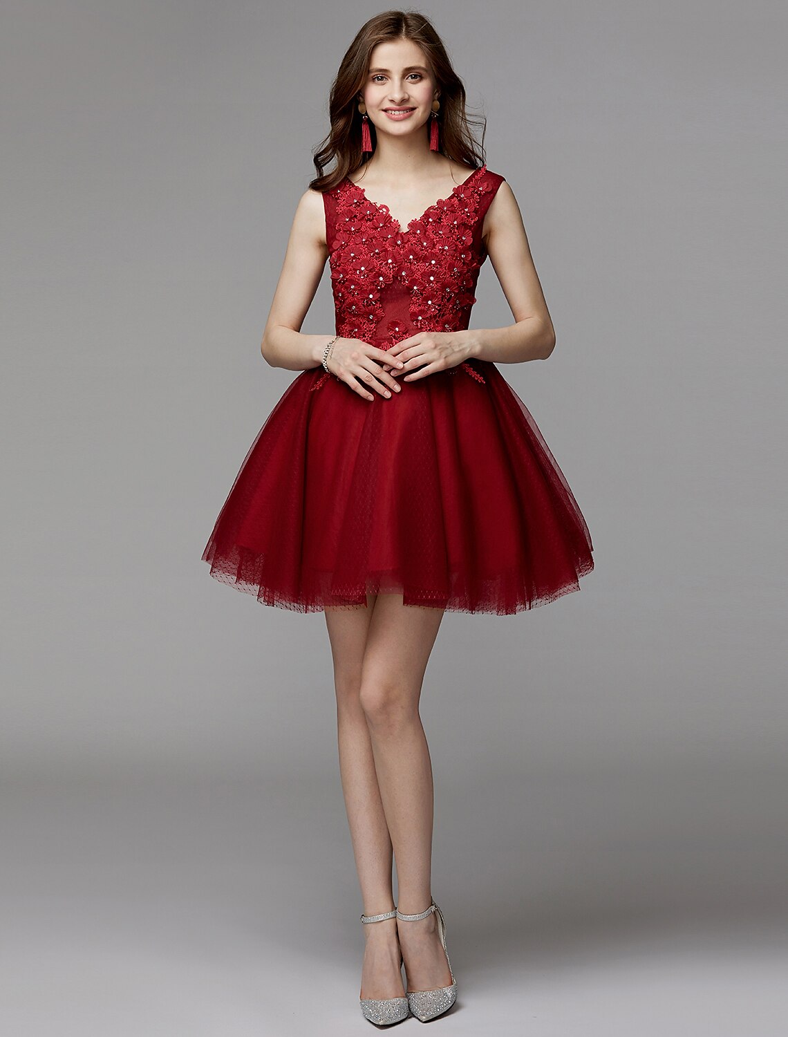 A-Line Party Dress Homecoming Short / Mini Sleeveless V Neck Lace Over ...