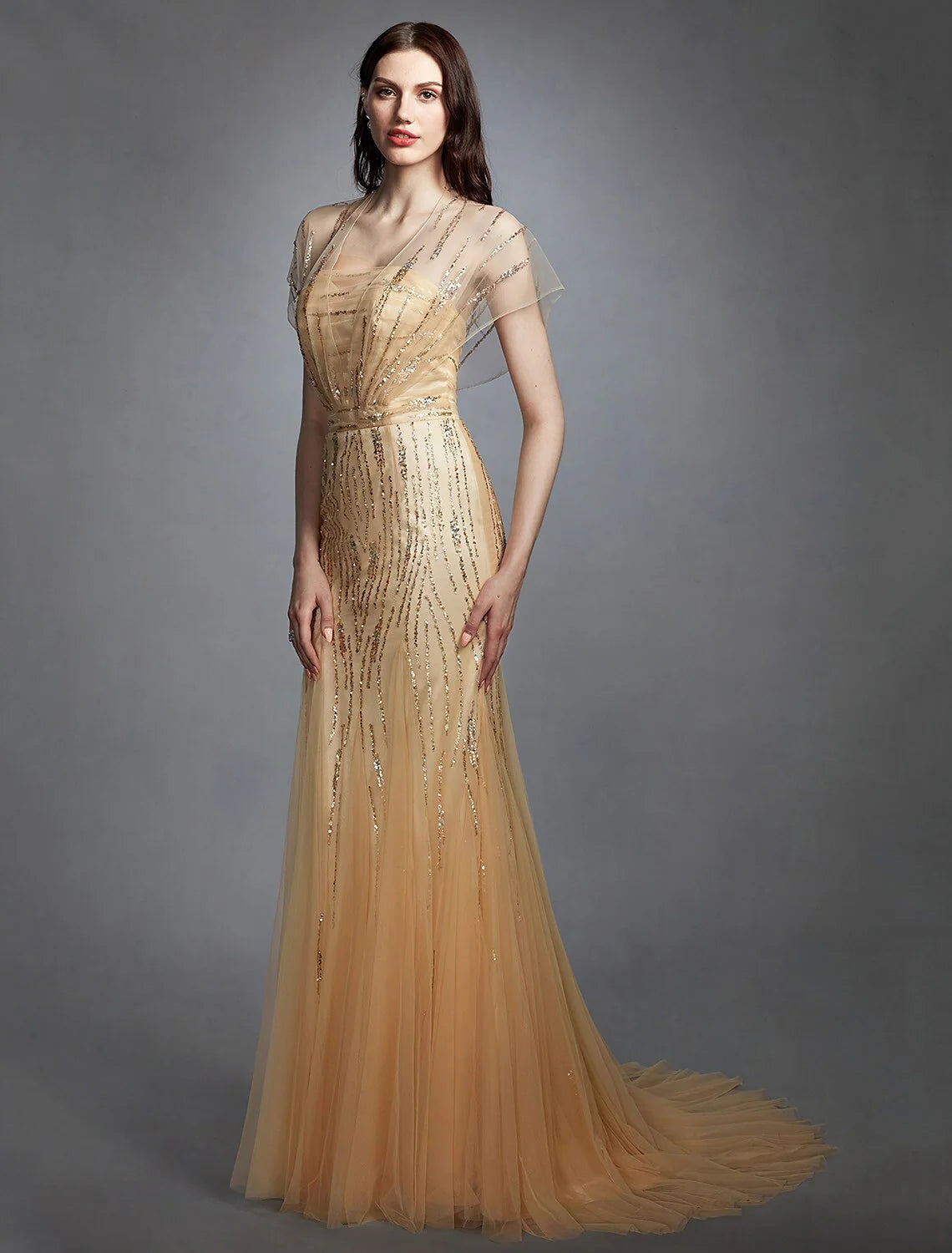 DingjiSheath / Column V Neck Sweep / Brush Train Tulle Made-To-Measure ...