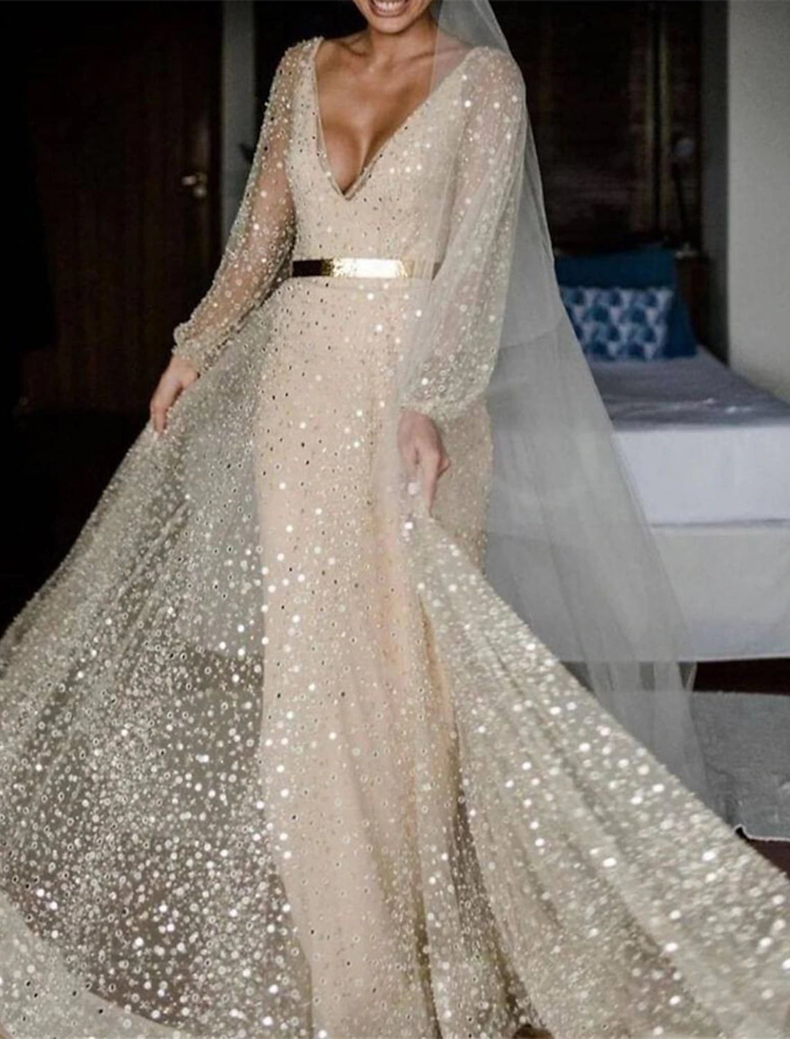 Bridal Shower Open Back Glitter & Sparkle Wedding Dresses A-Line V Nec ...